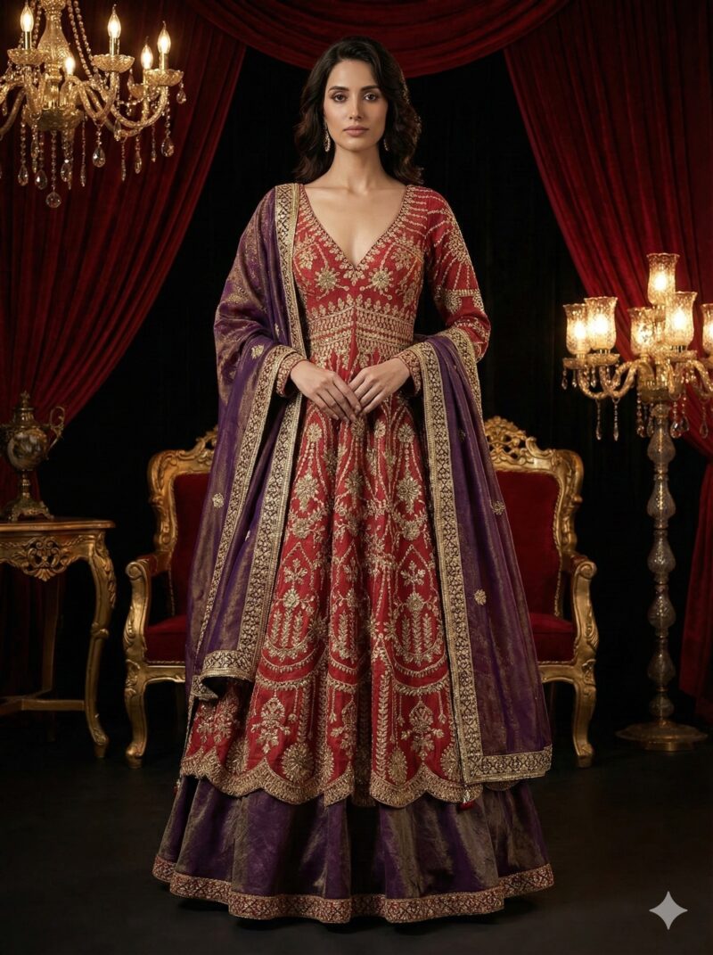 Deep Red Gold Embroidered Anarkali – Saluja Instyle Mom & Me